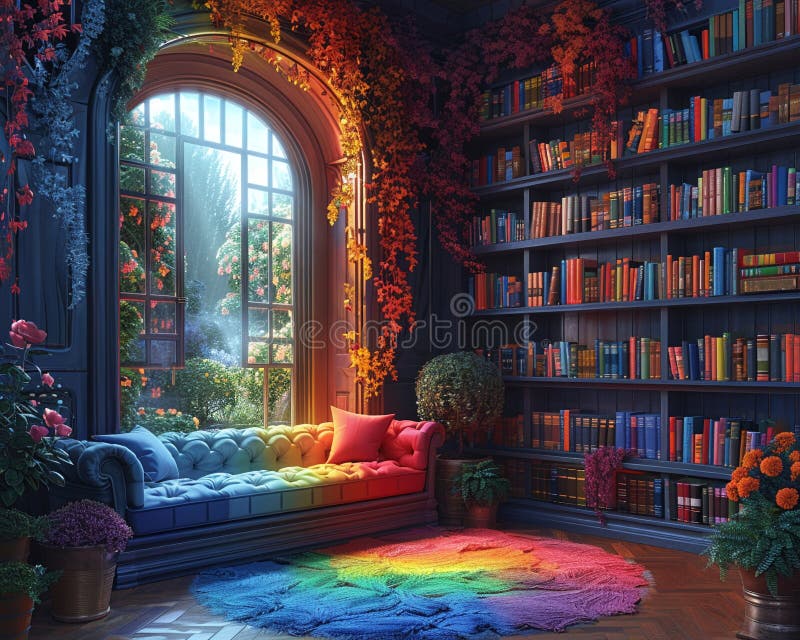 A Library with a Pride Month Book Display and Rainbow Decorations Stock Image - Image of ...