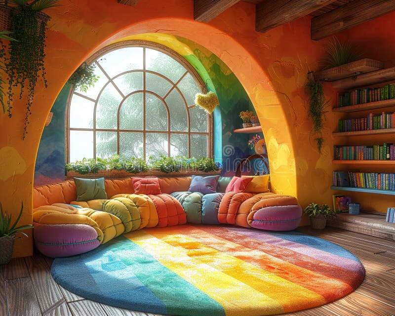 A Library with a Pride Month Book Display and Rainbow Decorations Stock ...