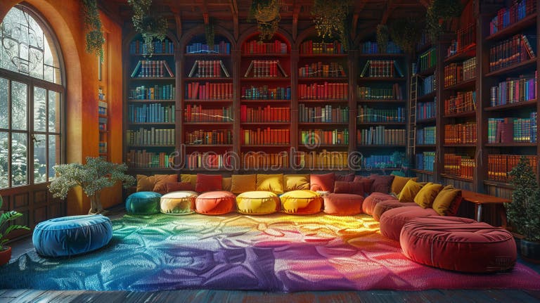 A Library with a Pride Month Book Display and Rainbow Decorations Stock ...