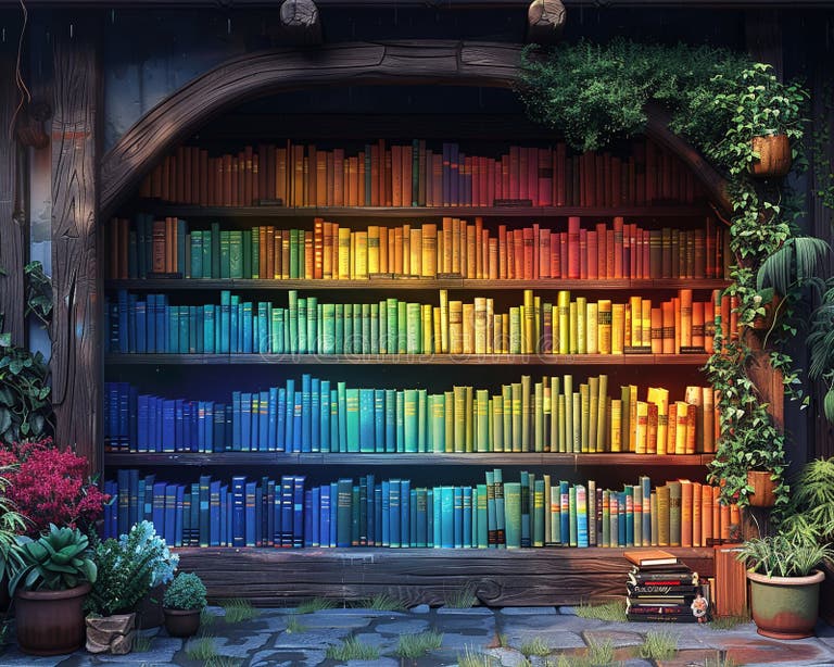 A Library with a Pride Month Book Display and Rainbow Decorations Stock ...