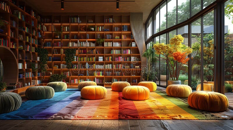 A Library with a Pride Month Book Display and Rainbow Decorations Stock ...