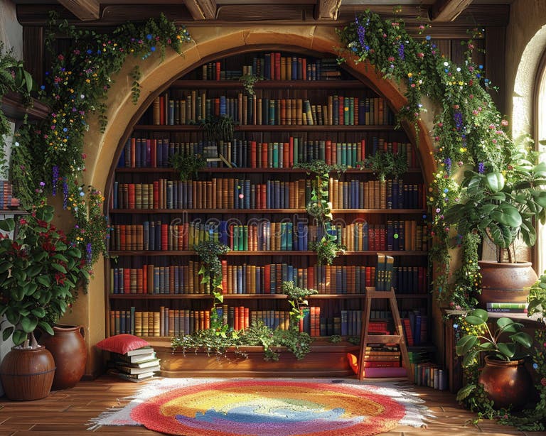 A Library with a Pride Month Book Display and Rainbow Decorations Stock ...