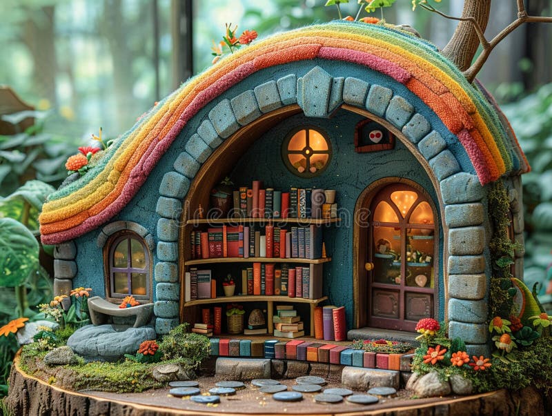 A Library with a Pride Month Book Display and Rainbow Decorations Stock ...