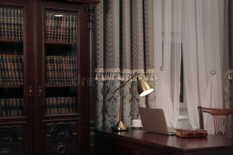 Library Reading Room Interior with Wooden Bookcase and Table Near ...