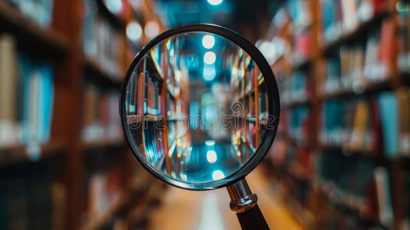 Library Research with a Magnifying Glass Stock Illustration ...