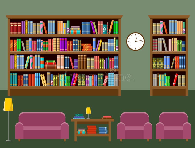 Library Interior with People and Book Shelves. Education Stock Vector ...