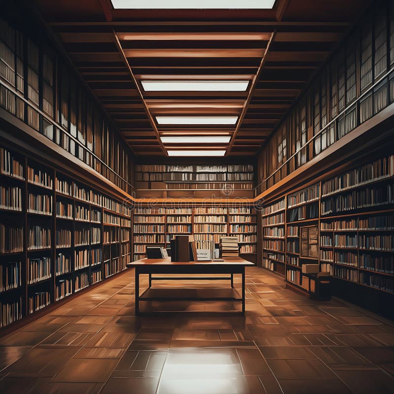 Library with rows of books stock illustration. Illustration of ...