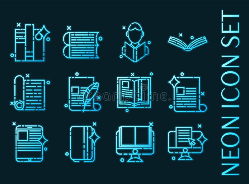 Library Set Icons. Blue Glowing Neon Style Stock Vector - Illustration ...