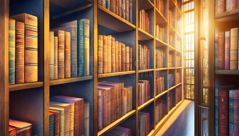 A Library Shelf Filled with Books, Illuminated by Evening Light. Stock ...