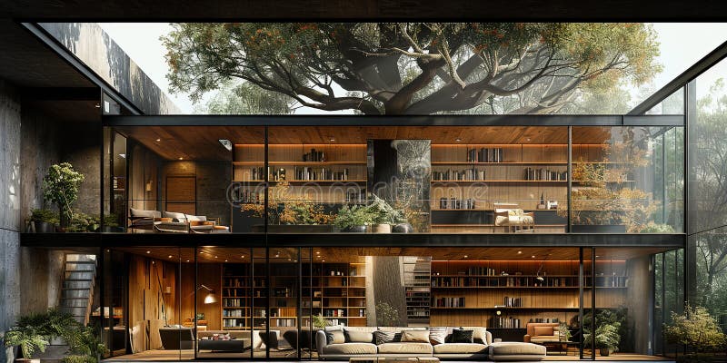 A Library with Shelves Made of Natural Wood and Soft C Stock Image ...