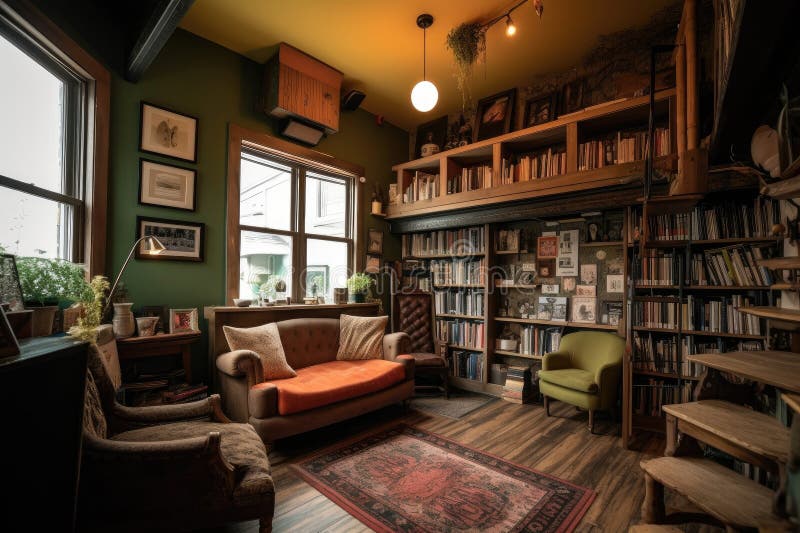 Library with Stacks of Books and Reading Spot in the Corner Stock ...