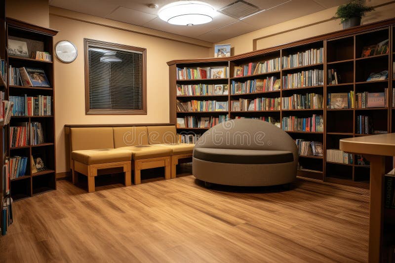 Library with Stacks of Books and Reading Spot in the Corner Stock ...