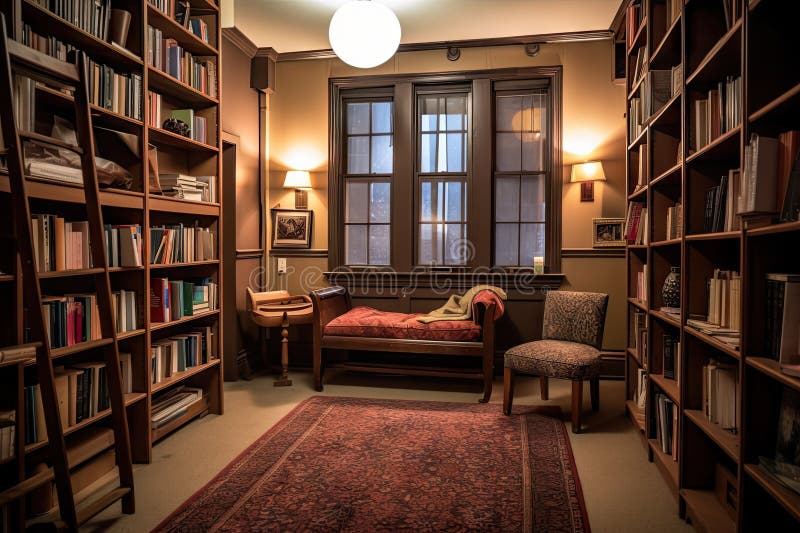 Library with Stacks of Books and Reading Spot in the Corner Stock ...