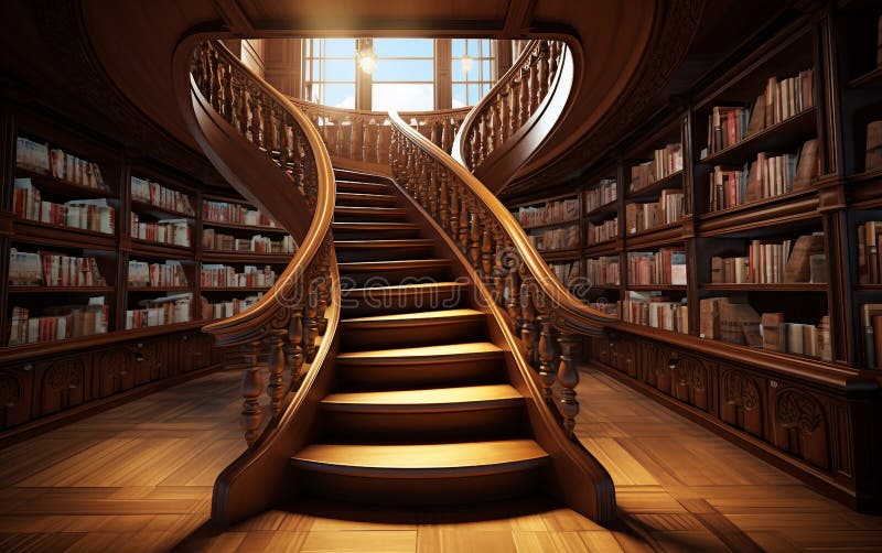 Library Stairs Rolling or Sliding on Generative Ai. Stock Illustration ...