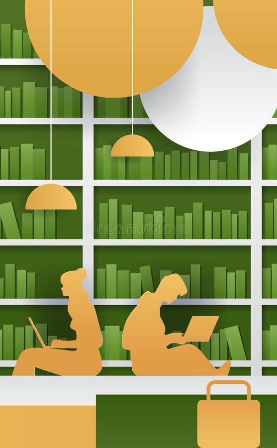 Library Students Studying with Laptops Modern Papercut Style ...