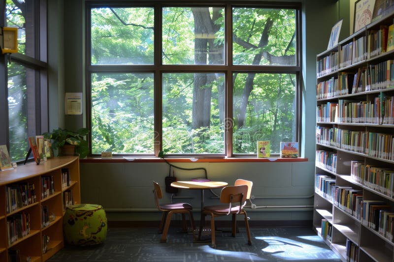 A Library Study Corner Featuring a Table and Chairs Positioned in Front ...