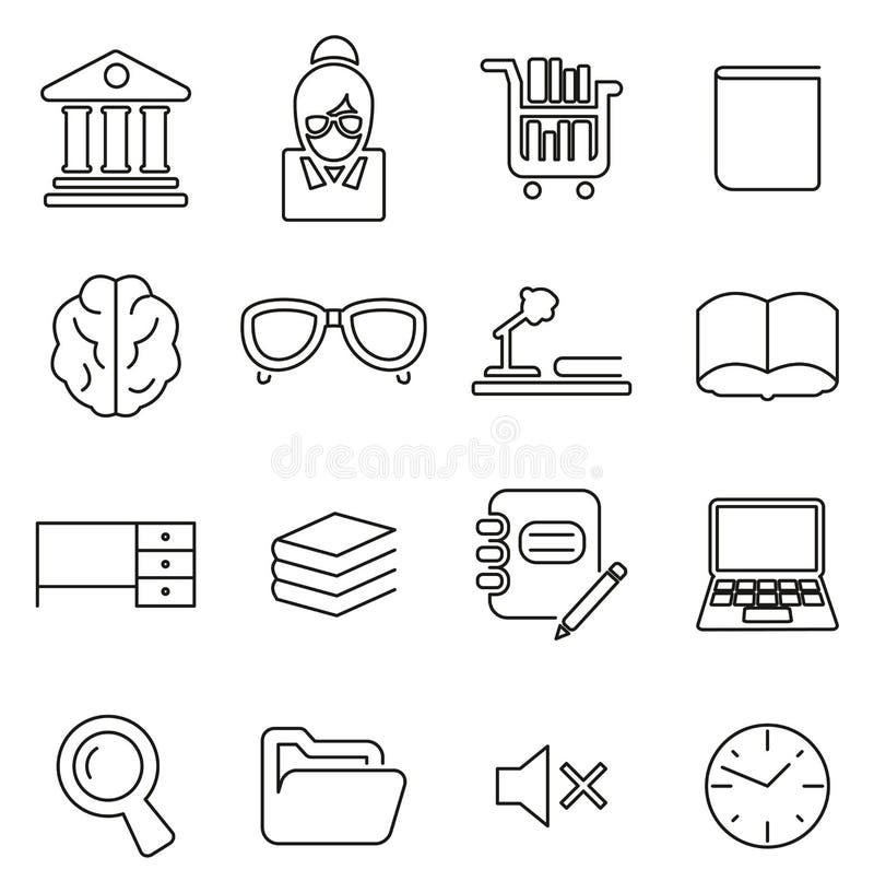 Library or Study Icons Black & White Sticker Set Big Stock Vector ...