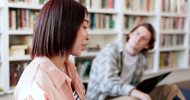 Library, Study Laptop and Student Group with Conversation and Book ...
