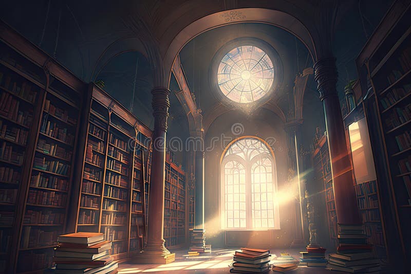 A Library with Sun Rays Shining through the Windows and Books on the ...