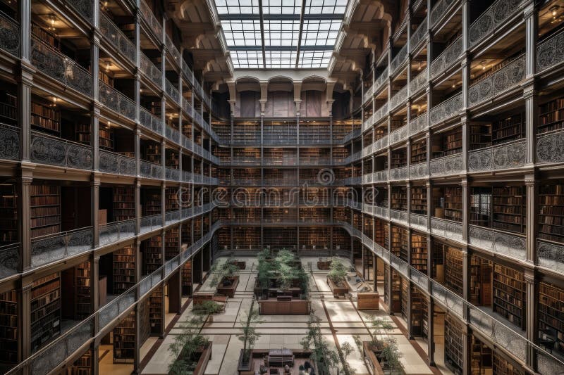 A Library with Towering Bookcases, Filled with Books of All Kinds Stock ...