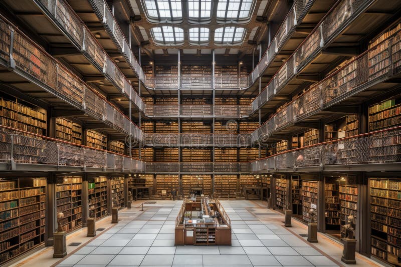 A Library with Towering Bookshelves, Filled with Thousands of Volumes ...