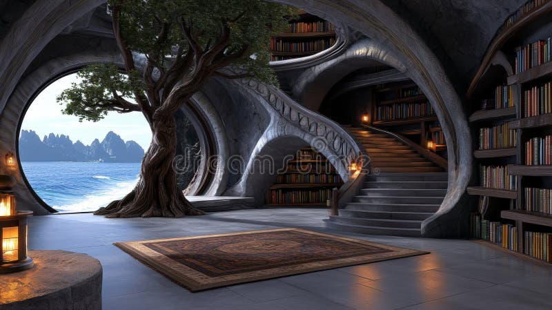 A Library with a Tree and Ocean View. Stock Photo - Image of corner ...
