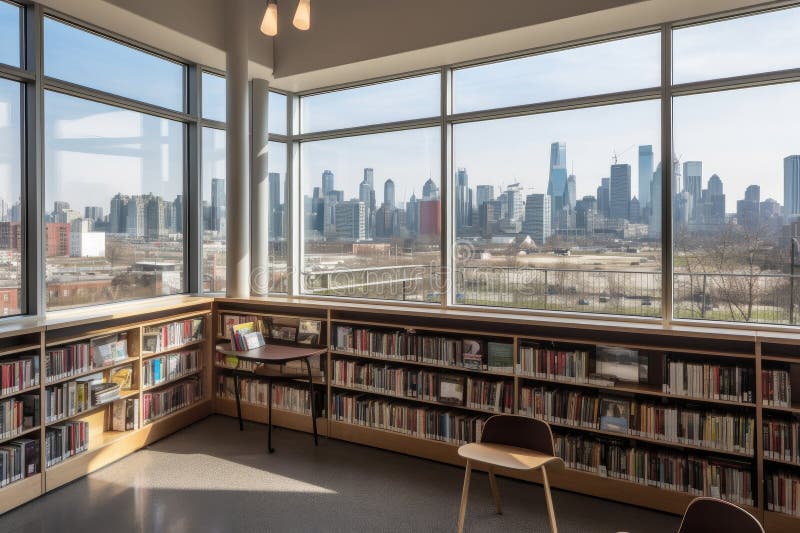 Library, with View of Bustling City Skyline in the Background Stock ...