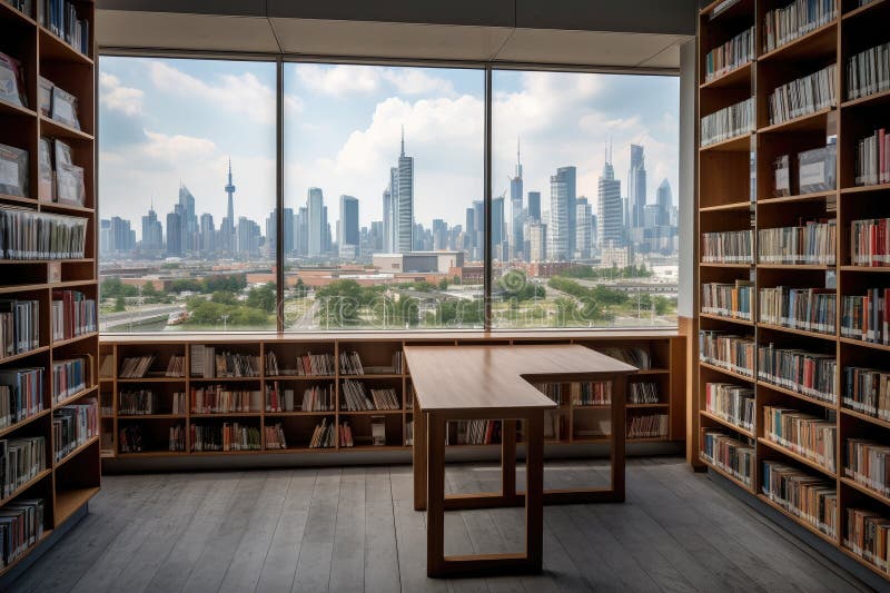 Library, with View of Bustling City Skyline in the Background Stock ...