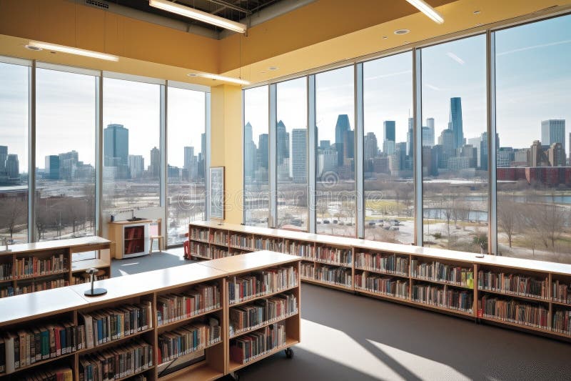 Library, with View of Bustling City Skyline in the Background Stock ...