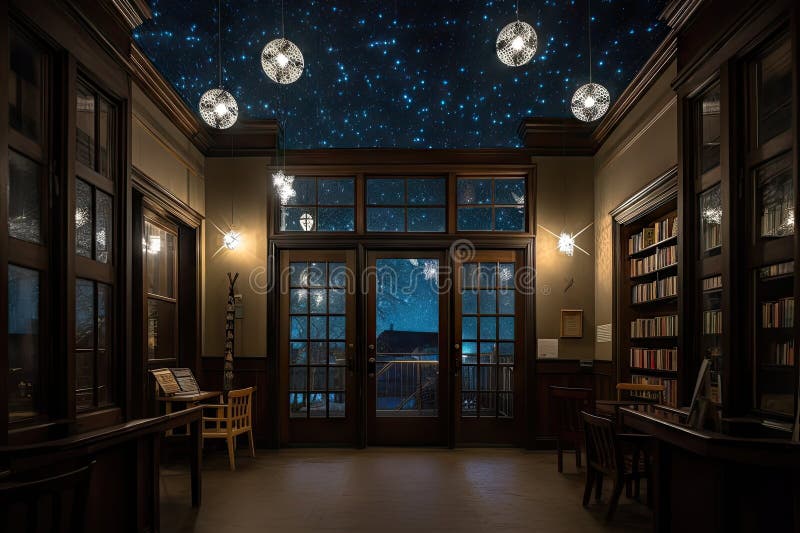 Library, with View of a Starry Night Sky, and Lanterns Illuminating the ...