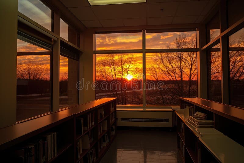 Library, with View of Sun Setting Behind the Horizon Stock Illustration ...