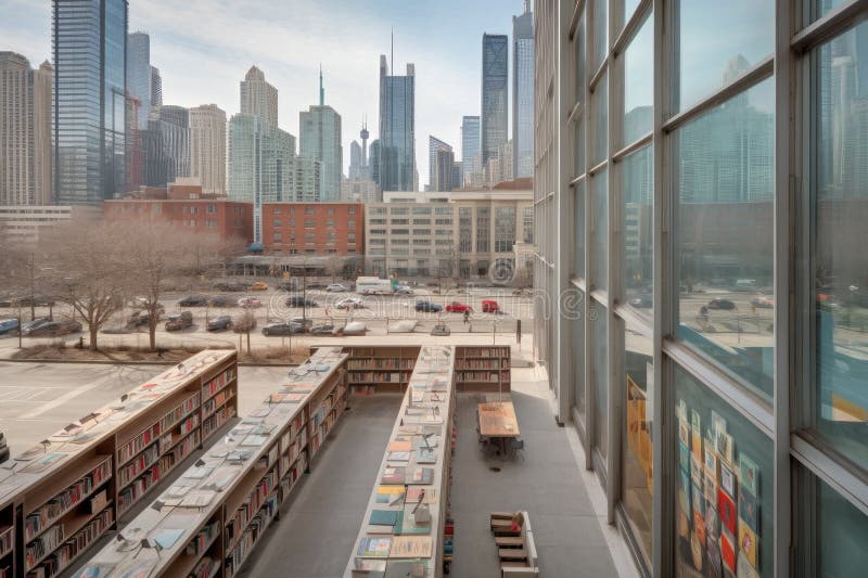 Library, with View of Vibrant Cityscape, Featuring Bustling Sidewalks ...