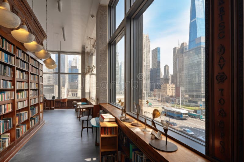 Library, with View of Vibrant Cityscape, Featuring Bustling Sidewalks ...