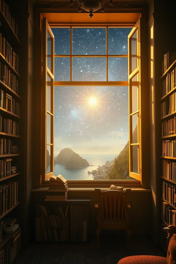 Library, with View of Vibrant Cityscape, Featuring Bustling Sidewalks ...