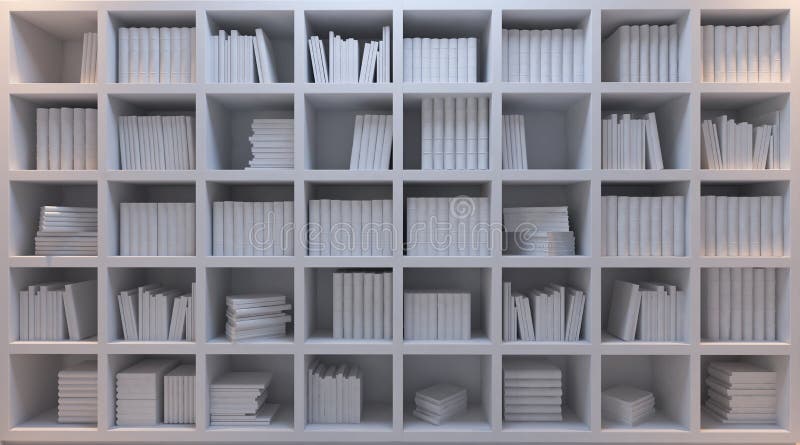Library with White Bookshelf Under Light Effect 3D Rendering Stock ...