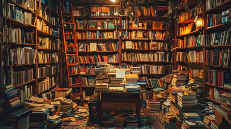 A Librarys Gentle Embrace: Books Overflowing in a Dusty, Warm Space ...