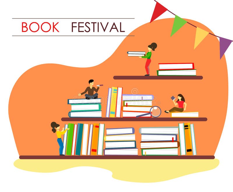 Libros En Los Estantes En Pilas Con Los Personajes De Dibujos Animados Y El Texto En El Estilo