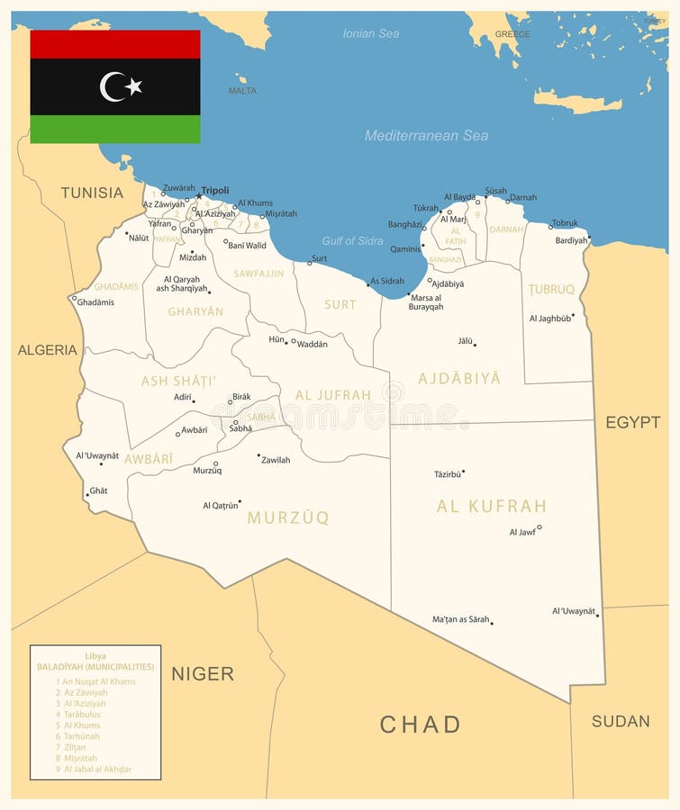 Libya - Detailed Map with Administrative Divisions and Country Flag ...