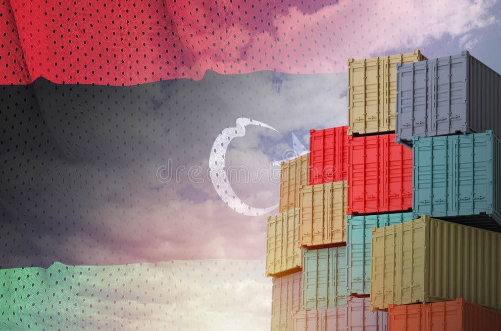 Libya Flag and Big Stack of Shipping Cargo Containers in Docks with Sky ...