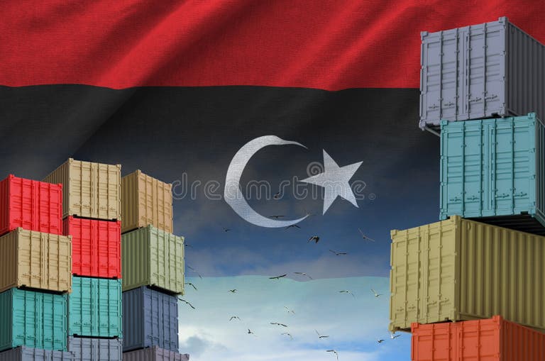 Libya Flag and Big Stack of Shipping Cargo Containers in Docks with Sky ...