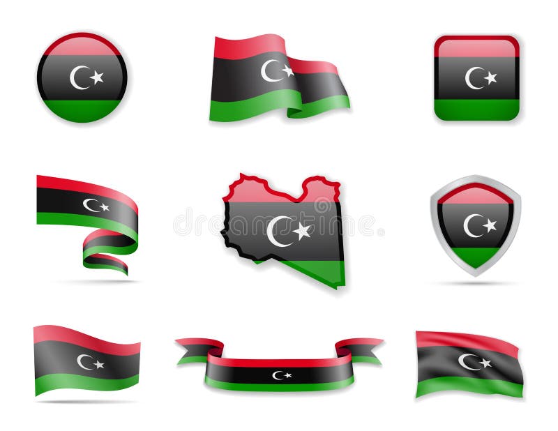 Libya Flags Collection. Vector Illustration Set Flags and Outline of ...