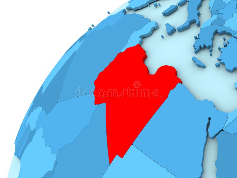 Libya in red on blue globe stock illustration. Illustration of render ...