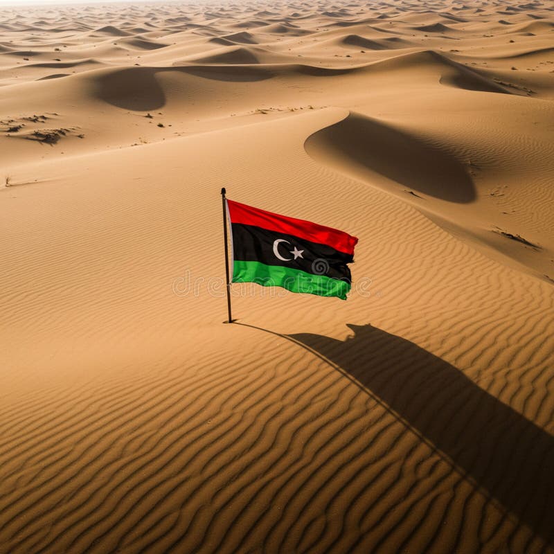 A Libyan Flag Stands Amidst Undulating Desert Dunes, Casting a Long ...