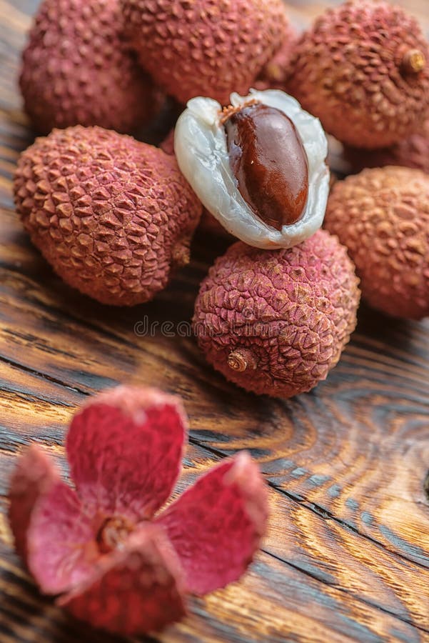 Lichee on Wooden Table, Litchi, Lychee Fruit Detail Stock Photo - Image ...