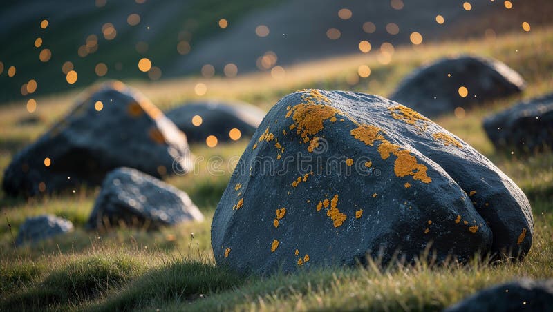 Lichen Growing on Rocks in a Field with Flying Insects at Sunset Stock ...