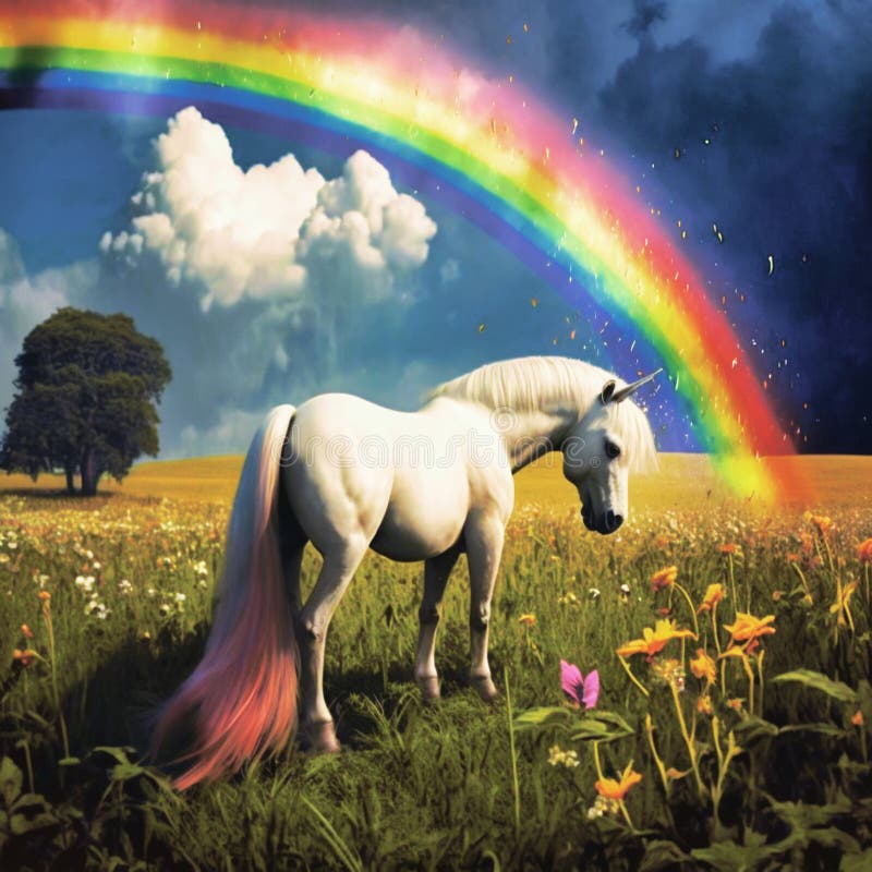 Licorne Dans Un Champ De Fleurs Sous Un Arc-en-ciel Illustration Stock ...
