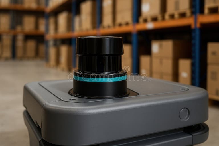 Lidar Sensor Scanning Warehouse Shelves with Cardboard Boxes Stock ...