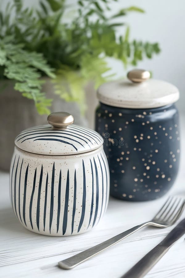 Lidded Ceramic Jars on Table Stock Photo - Image of minimalistic ...