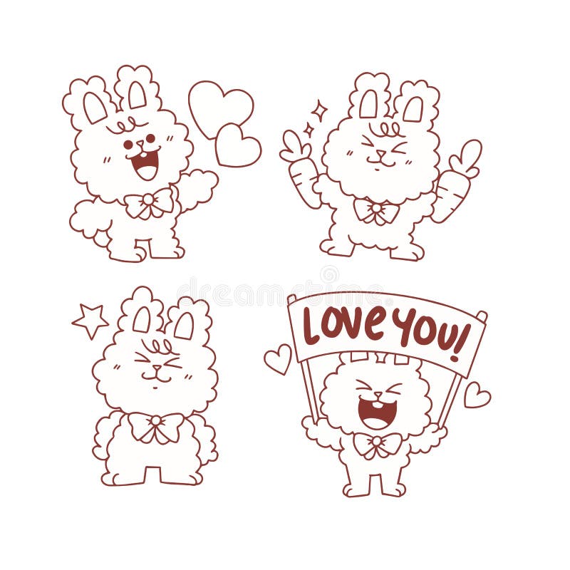 Daily Life of Adorable Bunny Sticker Set Coloring Book Illustration ...