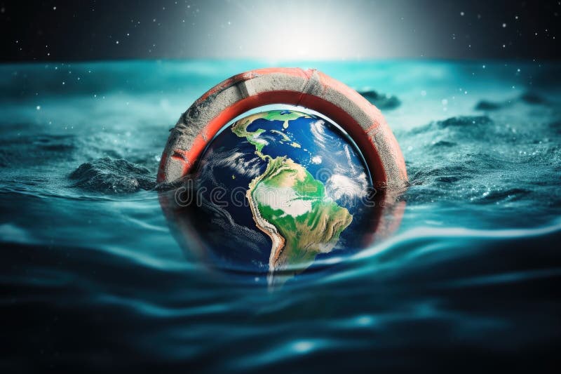 A Life Buoy Saving Planet Earth from Drowning by Climate Change Stock ...